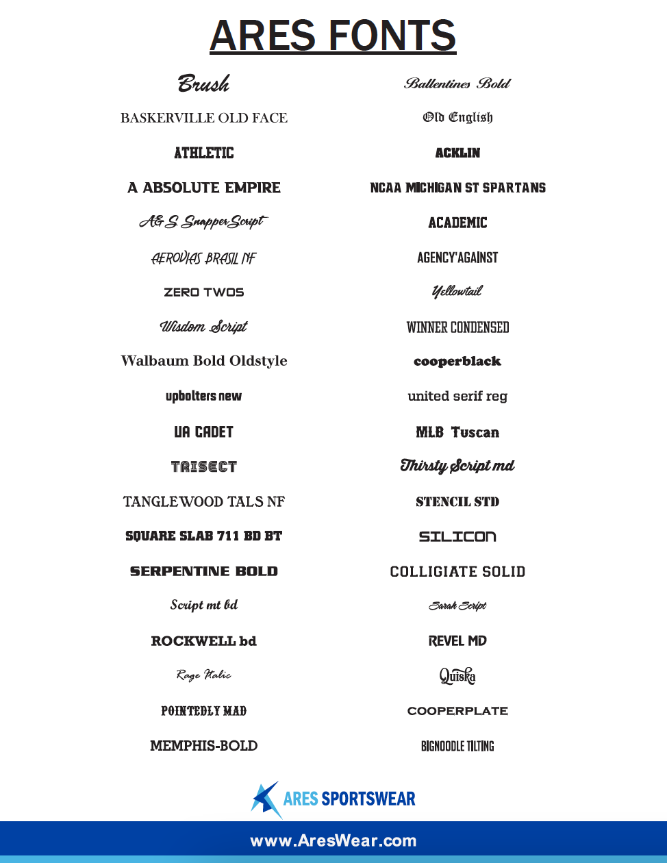 Fonts | ARES Custom Sportswear